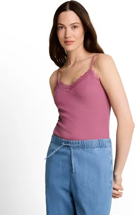 Tom Tailor Denim Spaghettitop TOM TAILOR DENIM, Damen, Gr. XL, rosa (dusty berry), Feinripp, Obermaterial: 93% Baumwolle, 7% Elasthan, unifarben, k&ouml;rpernah h&uuml;ftbedecke