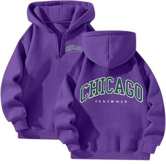 Generic Sweat &agrave; capuche de sport Chicago pour femme - Confortable - Fermeture &eacute;clair - Pull universitaire tendance d&eacute;contract&eacute; - Coupe ample - L&eacute;ger - Amusant
