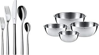 WMF Palermo Edelstahl Besteck Set 6 Personen, Essbesteck Set 30 teilig & Gourmet Schüsselset 4-teilig, Edelstahl Schüsseln für die Küche 0,75l - 2,75l, Rü