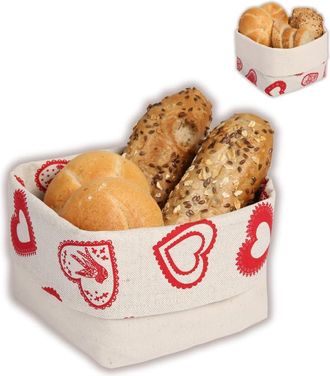 Slowroom Brotkorb Stoff 12.5 x 12.5 - Br&ouml;tchenkorb Modern Quadratisch - Zweiseitig Brotk&ouml;rbchen aus Halbleinen - Brotkorb Anpassbar 8-13 cm hoch, Herzen