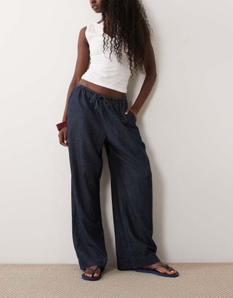 Abercrombie & Fitch pantalon large taille haute l&eacute;ger &agrave; enfiler en indigo-Bleu