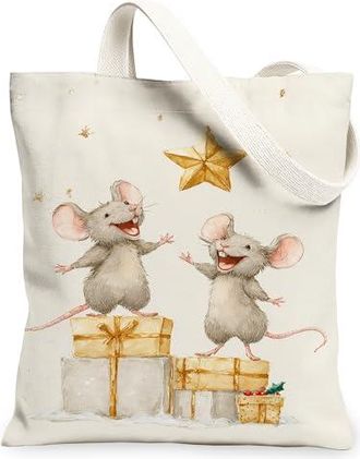 Generic Sacs fourre-tout en toile motif souris de No&euml;l, motifs danimaux mignons, sacs d&eacute;picerie l&eacute;gers et r&eacute;utilisables, festifs, lavables avec bandouli&egrave;re, b