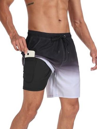 SHEKINI Shorts de Bain Homme avec Poche Short de Plage à Séchage Rapide Maillot de Bain Homme avec Doublure de Compression(3XL, Noir-Gris)