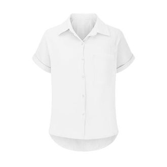 Generic Chemise en lin pour femme - Manches courtes - Col en V - Boutonn&eacute; - D&eacute;contract&eacute; - En mousseline - Chemisier basique - L&eacute;ger et respirant - Chemisier d