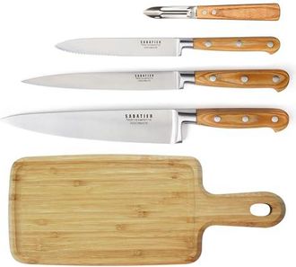 Sabatier Trompette TROMPETTE - Set couteau de cuisine avec planche &agrave; d&eacute;couper - Essentiel - Acier 5Cr15MoV - Finition Satin&eacute;e - 38.5 x 16 cm - Bois clair
