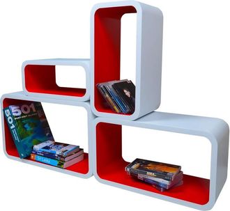 Cube Verst&auml;rkte Vielen Farben MDF Retro Design 4er Set Regal Regale Wandregal Deko W&uuml;rfel CD DVD Lounge LO01 (Wei&szlig;/Rot)