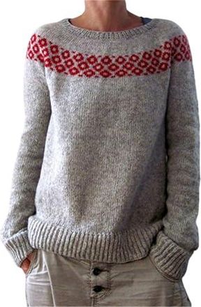 Generic Pull tricot&eacute; vintage &agrave; col rond et manches longues pour femme Motif Fair Isle, N, 5XL