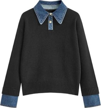 Generic Pull Femme Hiver Chaud Chic &agrave; Col Polo et Bordure en Jean, Haut en Tricot Doux Confortable, Style D&eacute;tendu et &Eacute;l&eacute;gant, Pullover Polyvalent Manches Long