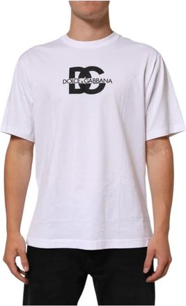 Dolce & Gabbana Homme, Tops, Blanc, Taille: M T-shirt ras du cou en coton avec logo imprim&eacute;
