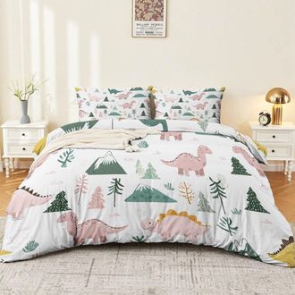 Generic Bettw&auml;sche-Set 200 x 200 cm Flauschige Winterbettw&auml;sche Dinosaurier-Cartoons auf dem Land Weihnachtsbettw&auml;sche, Bettw&auml;sche - Rei&szlig;verschluss Rosa und G