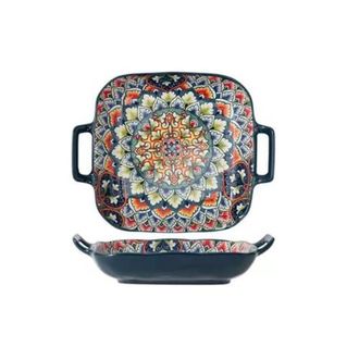 Generic Plateau de service en c&eacute;ramique avec poign&eacute;es, assiette en c&eacute;ramique boh&egrave;me, assiette carr&eacute;e, plat &agrave; salade color&eacute;, assiette &agrave; fruits r&eacute;tro (style D)