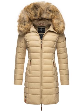 Marikoo Damen Wintermantel warmer Steppmantel lang mit Kapuze und abnehmbarem Kunstfell-Kragen Rose Beige Gr. XXL