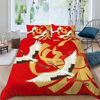 Generic Bettw&auml;sche 155x220 Japanischer Kran Bettbezug 3D Druck Rot Gelb Bettbez&uuml;ge Kuschelig Weich Mikrofaser Deckenbezug 155x220 cm mit Rei&szlig;verschluss + 2 Ki