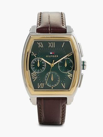 Tommy Hilfiger Montre &agrave; cadran carr&eacute; vert et bracelet marron