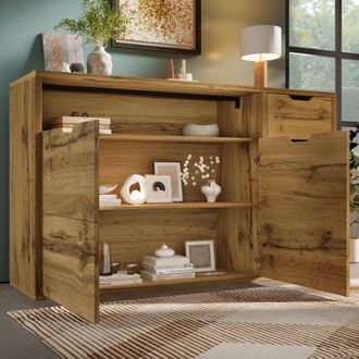 STILVORA Buffet et Enfilade avec 2 Portes, 4 Tiroirs et Niche Ouverte, &Eacute;tag&egrave;res R&eacute;glables, MDF, Ch&ecirc;ne, 150&times;40&times;90 cm
