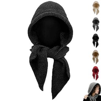 Generic Bonnet tricot&eacute; embelli, &eacute;charpe &agrave; capuche pour femme, bonnet dhiver tricot&eacute;, 2 en 1, pull long ch&acirc;le, Noir, Taille unique