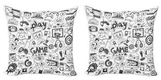 Abakuhaus Videospiele Dekokissen Kissenbezug 2er Pack, Sketch Stil Gaming, Modern Accent Doppelseitiger Digitaldruck, 50x50, Wei&szlig; Grau