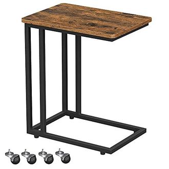 Vasagle Table dappoint, Bout de canapé, Table mobile, avec cadre en acier et roulettes, montage facile, style industriel, pour salon, chambre, balcon, Marron 