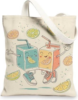 Generic Sac fourre-tout en toile avec motif mignon dessin animé - Réutilisable, amusant, léger et lavable - Sac en toile, beige, 13x15 Inch