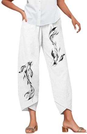 Generic Pantalon en coton et lin pour femme - Jambe large - Pantalon de plage d&eacute;t&eacute; pour femme - Confortable - Pantalon de yoga Palazzo XIYU26017, blanc, XXL