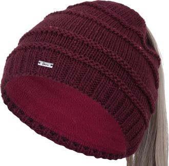 Faera Damen Winterm&uuml;tze Zopfm&uuml;tze Zopfloch Loch Zopf Beanie M&uuml;tze Strickm&uuml;tze 72, Farbe:Weinrot