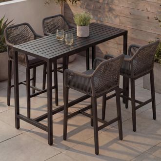 Mendler Set Bartisch + 4X Barhocker HWC-P91, Barstuhl Stehtisch, Outdoor Sitzpolster Seilgeflecht Metall - anthrazit