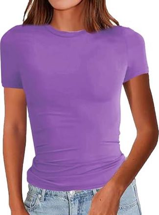 Generic T-shirt à manches courtes pour femme, coupe classique, col rond, manches courtes, coupe ajustée, vêtements de base, vêtements pour la vie quotidienne,