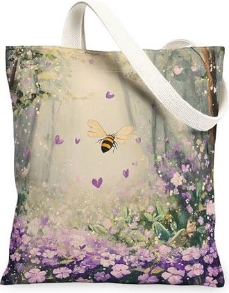 Generic Spring Garden Phlox Sac fourre-tout en toile pour le shopping 33 x 38 cm, motif for&ecirc;t, fleurs, abeilles, sac d&eacute;picerie r&eacute;utilisable pour femme, peintu