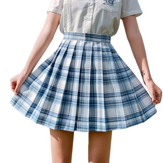 Minetom Damen Kariert Rock Frauen M&auml;dchen Kurze Hohe Taille Gefaltete Skater Tennis Schule Rock Faltenr&ouml;cke Minirock Kurz Skirt Blau S