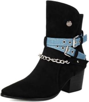 Generic Bottes Femme Cheville Bout Pointu Talons Carrés Moyens Sangle Boucle Strass Tige Daim Durable Confortables Chaussures Soirée,Noir,37.5 EU