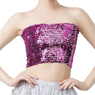 Generic Fashion Mardi Holiday Haut court extensible &agrave; paillettes &eacute;tincelantes en coton &eacute;lasthanne pour femme, rose vif, Taille unique