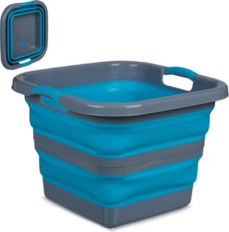 Relaxdays W&auml;schekorb faltbar, 40 l, Kunststoff, mit Ablauf & Griffen, HxBxT: 35 x 48,5 x 48,5 cm, W&auml;schewanne, grau/blau