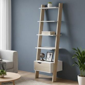 Dmora B&uuml;cherregal mit einer Schublade und vier Regalen, Farbe Wei&szlig; und Eiche, 55 x 180 x 48 cm