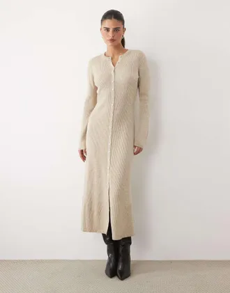 Nobody's Child geripptes Jersey-Maxikleid mit durchgehender Knopfleiste in Ecru-Neutral