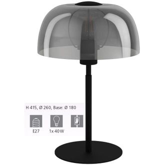 Eglo Lampe de table en solo 2 verre oblige noir et transparent E27 1x40w H: 41,5 cm &Oslash;26 cm avec interrupteur de c&acirc;ble