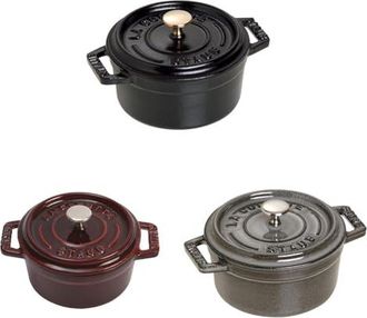 Staub Lot de 3 Mini Cocottes en Fonte, Ronde, &Oslash; 10 cm, 0,25 L, Noir Mat, Grenadine, Gris Graphite