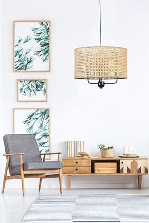 Opviq Elegant Rattan Chandelier, Adjustable Height 70 cm, Metal Body with Natural Rattan Cap, 45 cm Diameter, E27 Socket, Perfect for Modern Spaces