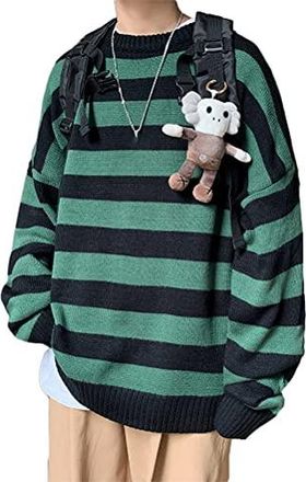 Minetom Pull Homme À Manche Longue Tricots Top Pullover À Rayures Col Rond Sweater Oversize Harajuku Pull Couple A Vert Noir XS
