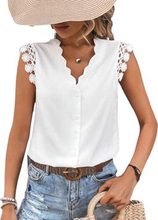 Cupshe Débardeur pour femmes, col en V festonné avec bordure en dentelle, bouton sur le devant, gilet sans manches décontracté pour femmes, blanc, blanc, S