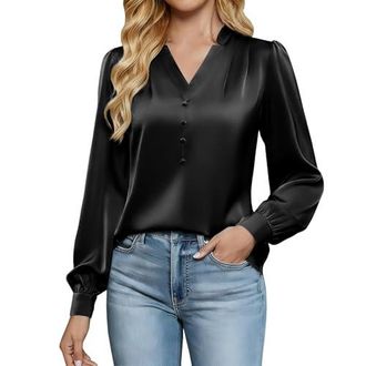 Generic Chemisier en soie pour femme &eacute;l&eacute;gant &agrave; manches bouffantes pliss&eacute;es et col en V en satin &eacute;l&eacute;gant et ajust&eacute; au toucher soyeux pour printemps &eacute;t&eacute; sorties