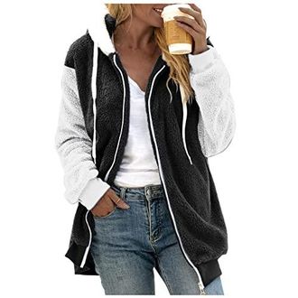 Generic Veste en peluche pour femme - Manteau en peluche Fuzyy - Coutures colorées - Pull à capuche - Manteau chaud en laine artificielle - Tenue dextérieur p