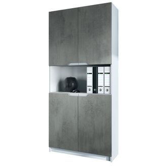 Vladon Büroschrank Logan V2, Made in Germany, Aktenschrank mit 5 Fächern und 4 Türen, Weiß matt/Beton dunkel Optik (82 x 184 x 37 cm)