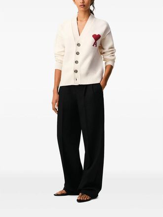 Ami Wool Knit with Logo Embroidery Cardigan - White
