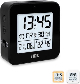 ADE Funkwecker digital mit Batterie | 2 Weckzeiten | Temperaturanzeige | Luftfeuchtigkeit | Reisewecker | Funkuhr mit DCF Zeitsignal | Schlummerfunktion |