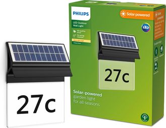 Philips Outdoor Solar Enkara Wandleuchte mit Hausnummer, 0,2W, Tageslichtsensor, 2700 Kelvin, schwarz