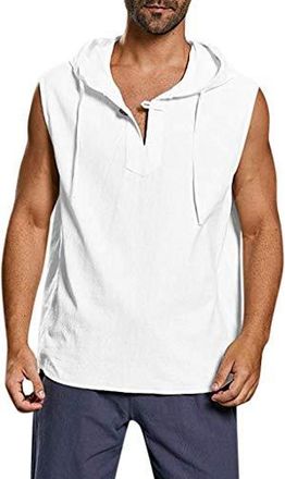 Generic Chemise d&eacute;t&eacute; en coton et lin pour homme - Haut dentra&icirc;nement en lin &agrave; capuche - D&eacute;bardeur uni en coton - Hauts de plage sans manches - Chemisier baggy