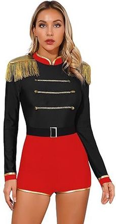 dPois Justaucorps Cirque Ringmaster Femme Manches Longues Body Danse Leotard Déguisement Cirque Greatést Showman Costume Carnaval Fête S-4XL E Noir S