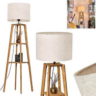HOFSTEIN Stehleuchte Bassagoda, Stehlampe aus Holz/Stoff in Natur/Beige, Leuchte im skandinavischen Design mit rundem Schirm (Ø 40 cm), Ablageflächen u. Fußsch