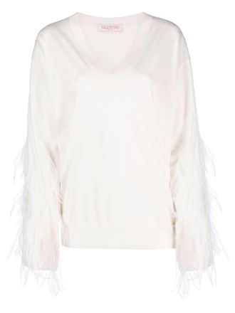 Valentino Garavani pull en laine &agrave; d&eacute;tails de plumes - Tons neutres