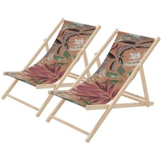 ECD Germany ECD Germany Lot de 2 Chaises Longues Pliantes en Bois Chiliennes, Motif Floral, Marron-Rouge-Vert, Dossier R&eacute;glable, 3 Positions de Couchage, jusqu&agrave;